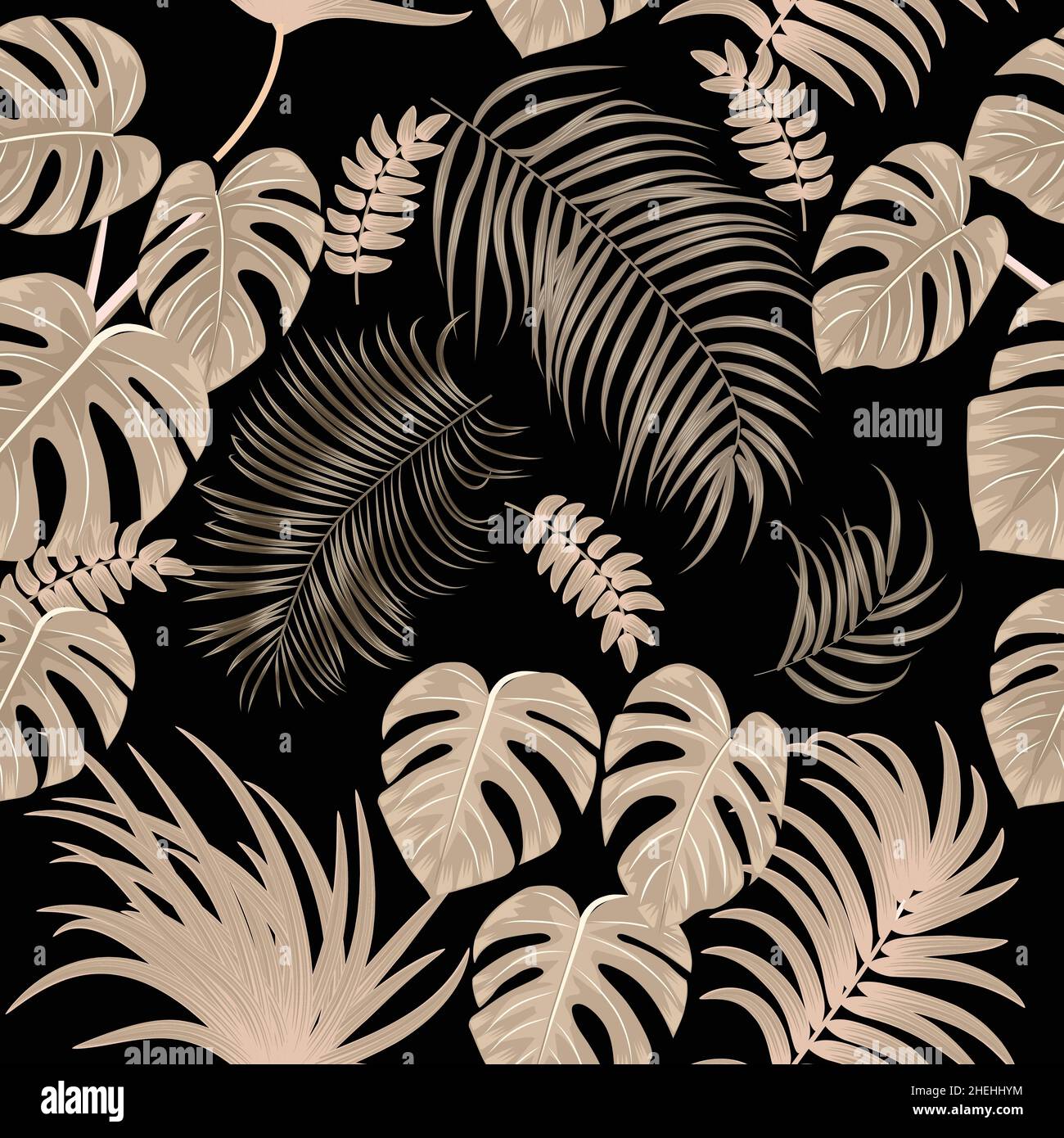 Monochrome beige color tropical jungle palm tree leaves seamless vector ...
