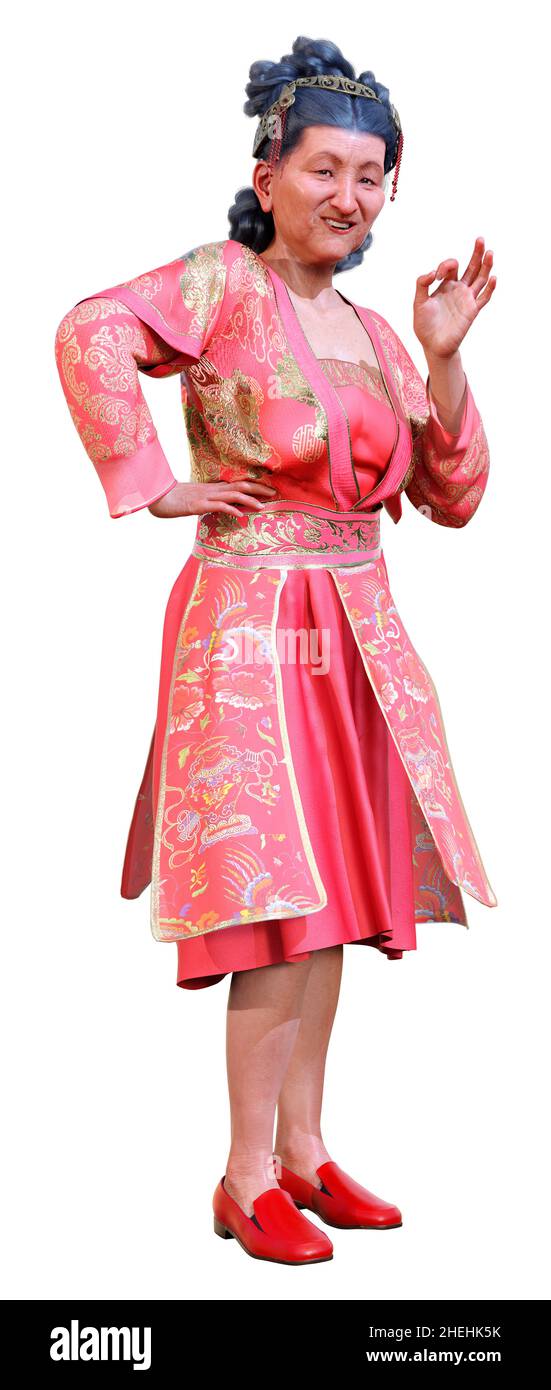 3D rendering of an Asian senior woman in a red traditional dress ...