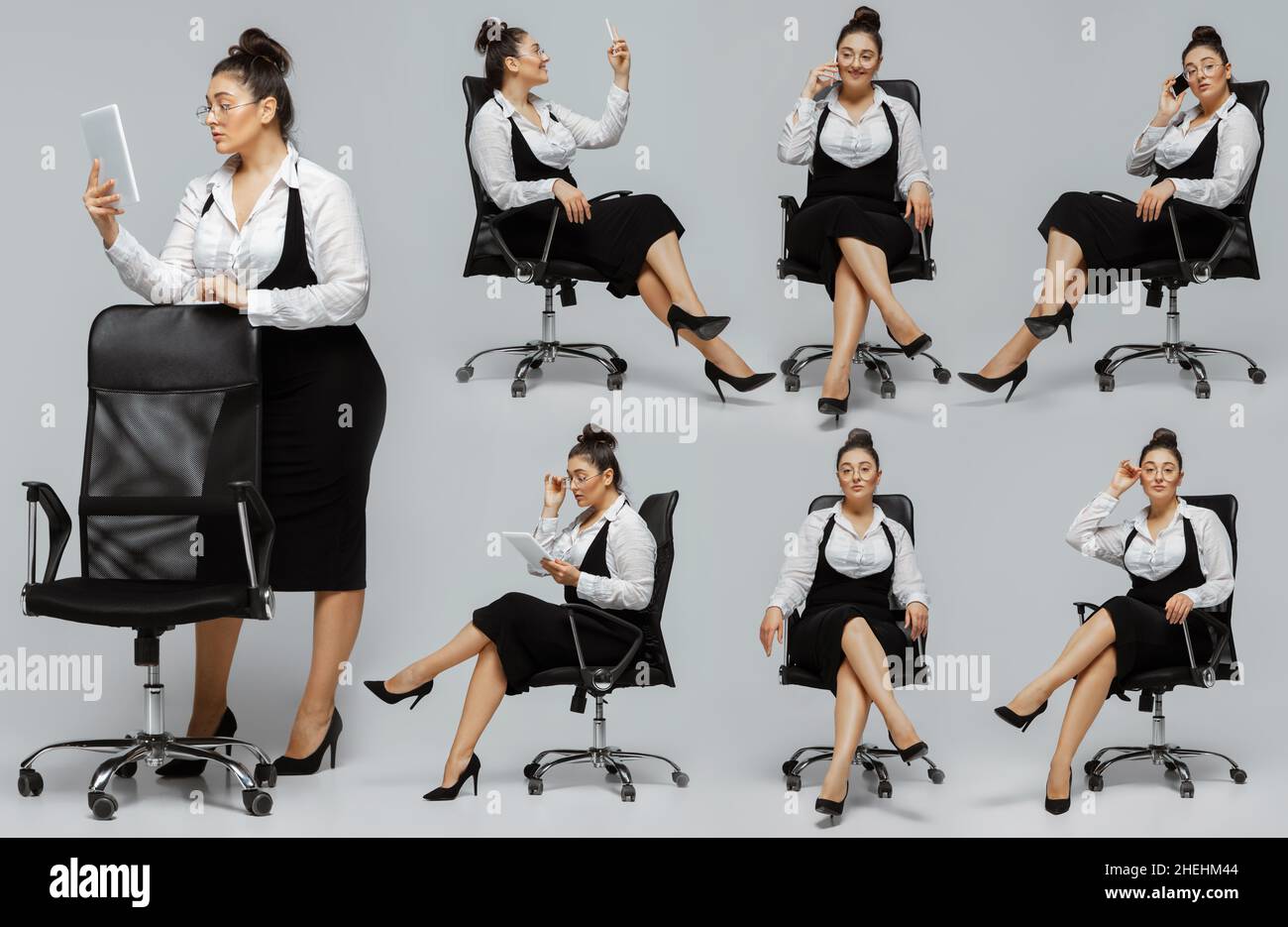 Set of images of young woman in office style wear on light background ...