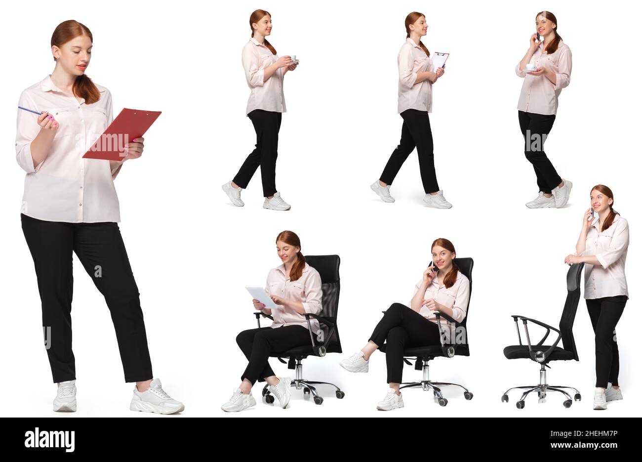 Set of images of young woman in office style wear on white background ...