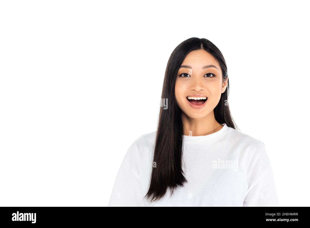 amazed asian woman with open mouth looking at camera isolated on white ...