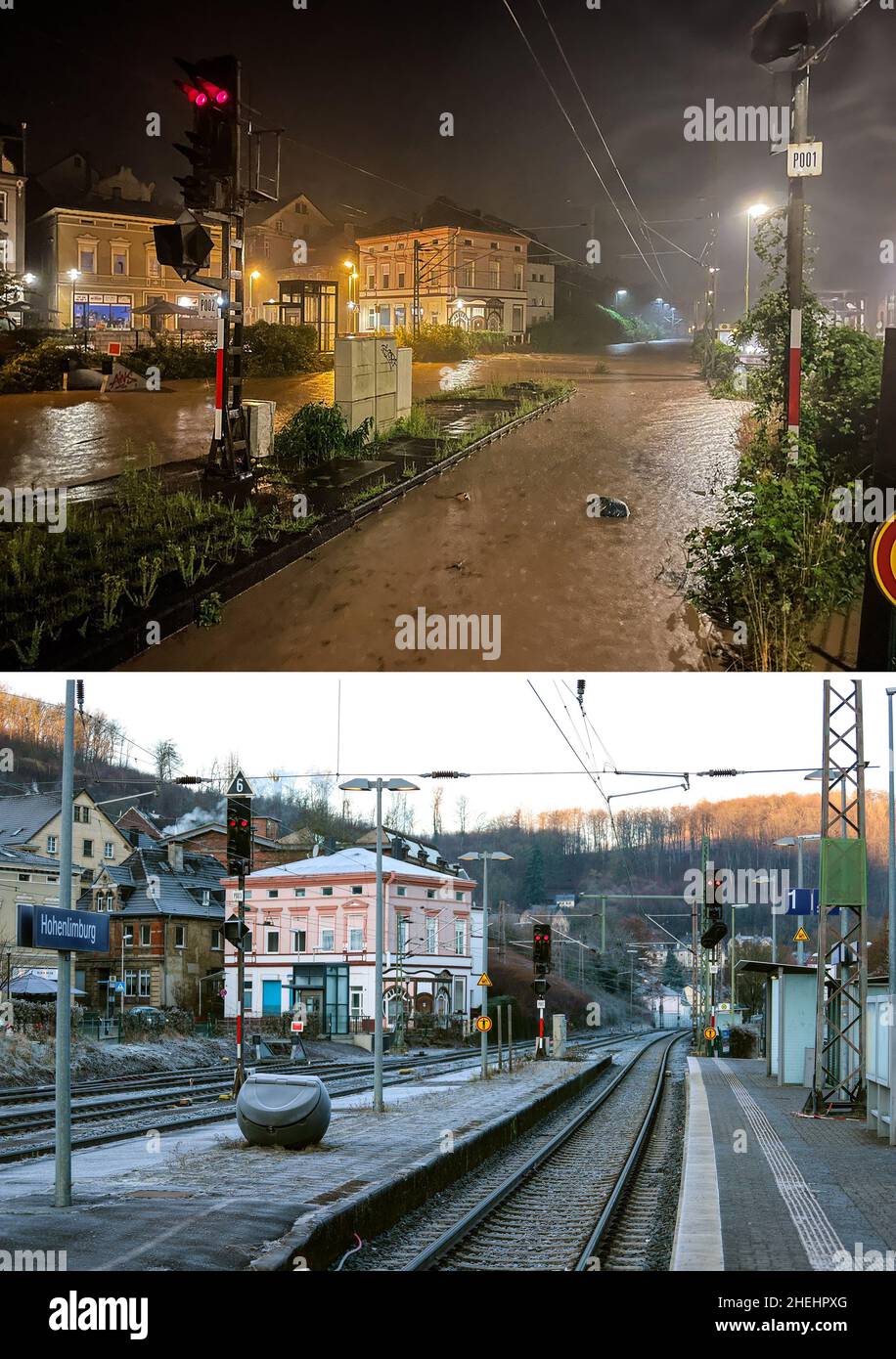 Hagen, Germany. 11th Jan, 2022. KOMBO - View of a flooded railroad line ...