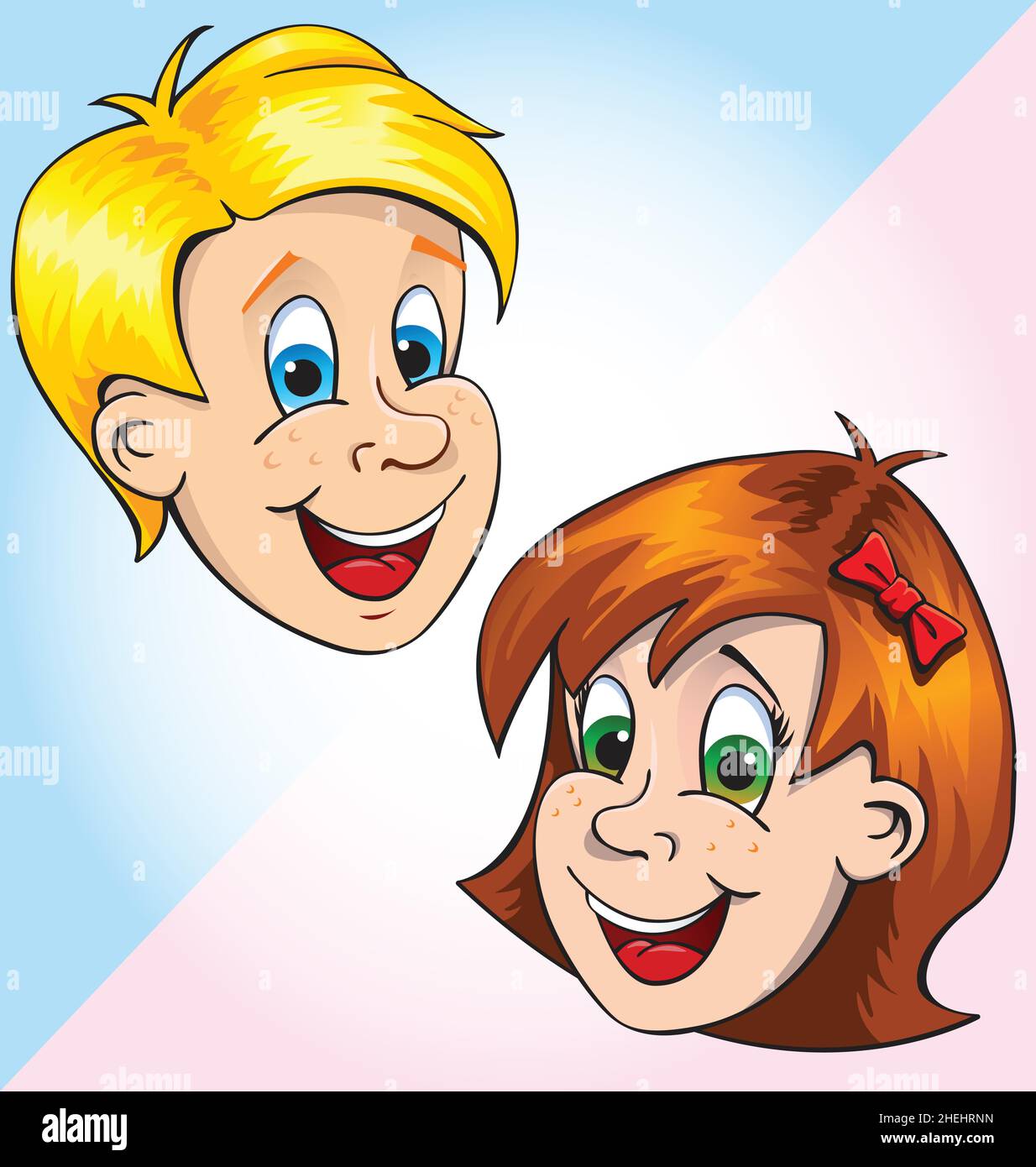 happy cartoon young boy and girl heads smiling fun children characters ...