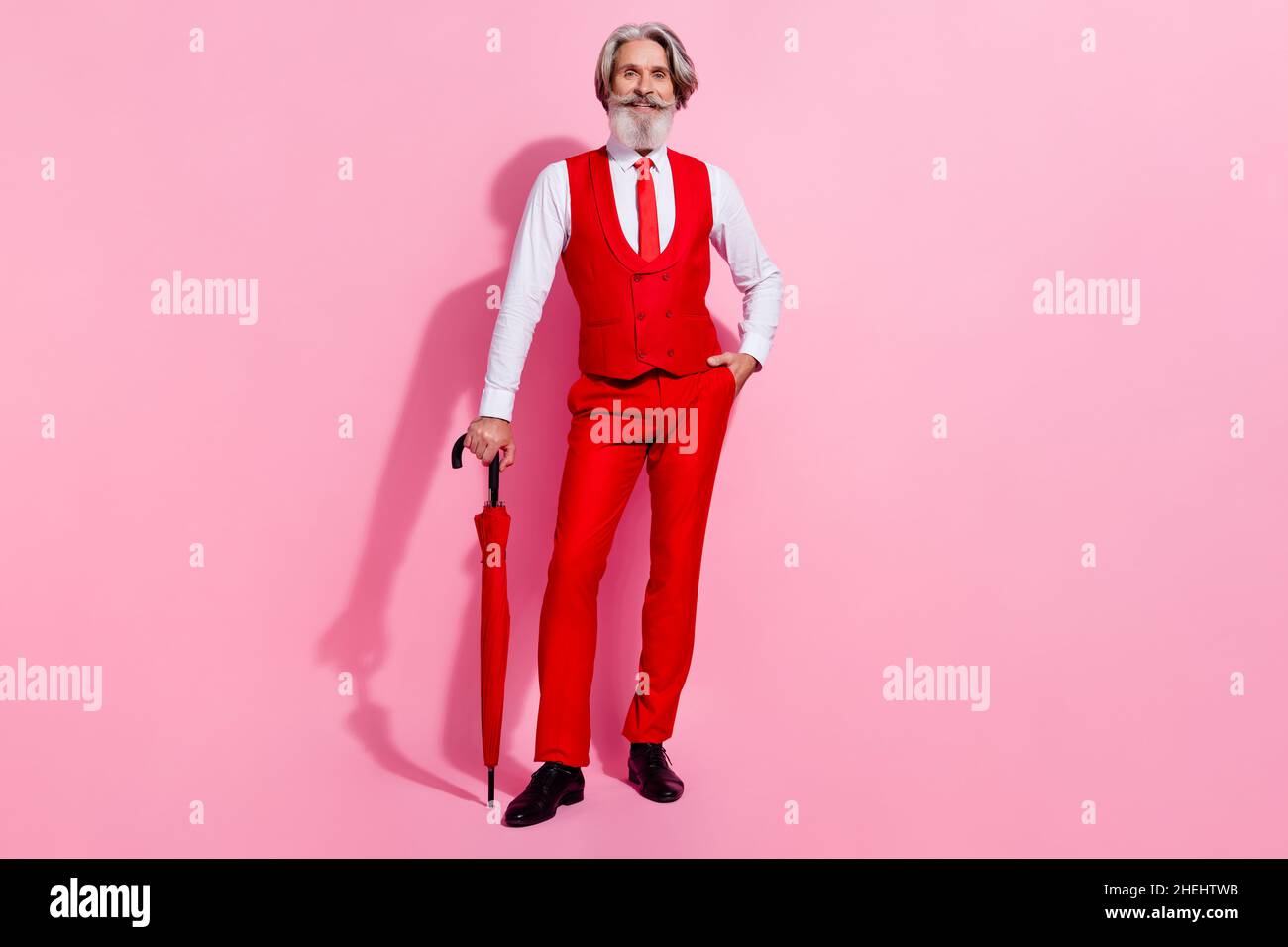 Full length body size view of attractive cheery content grey-haired man ...