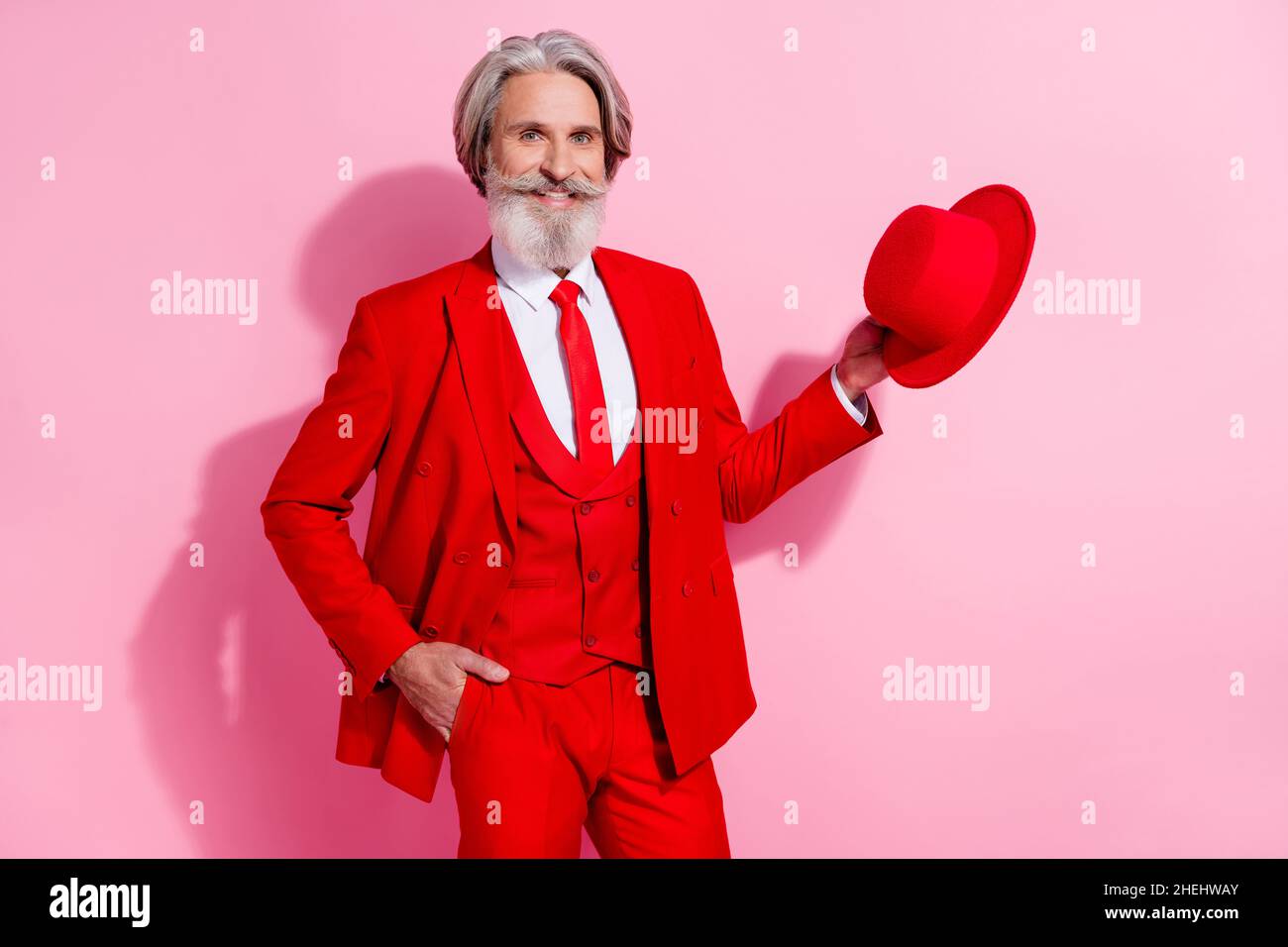 Portrait of positive neat dandy person hand hold cap toothy smile look ...