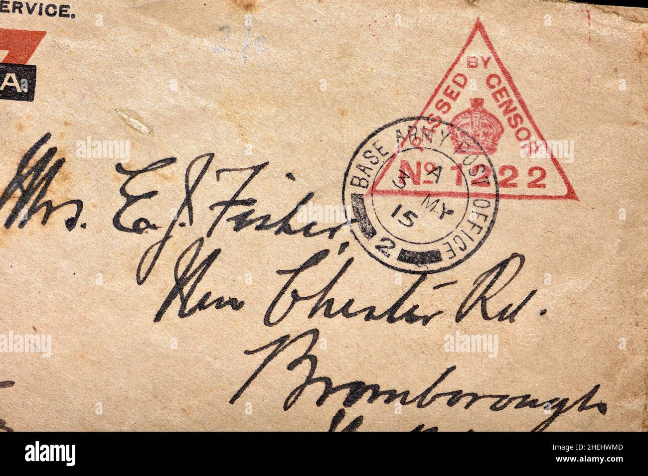 Letter posted during the First World War with a stamp to show it was ...