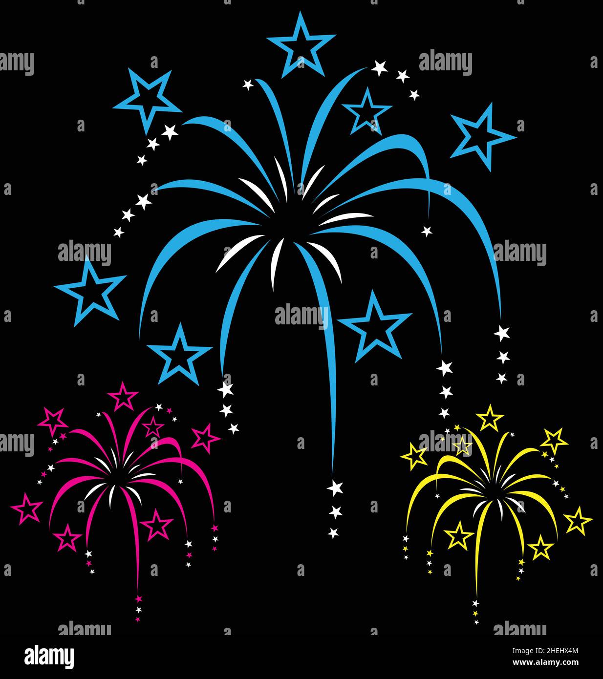 colourful stylized cartoon fireworks cmyk colours isolated on black ...