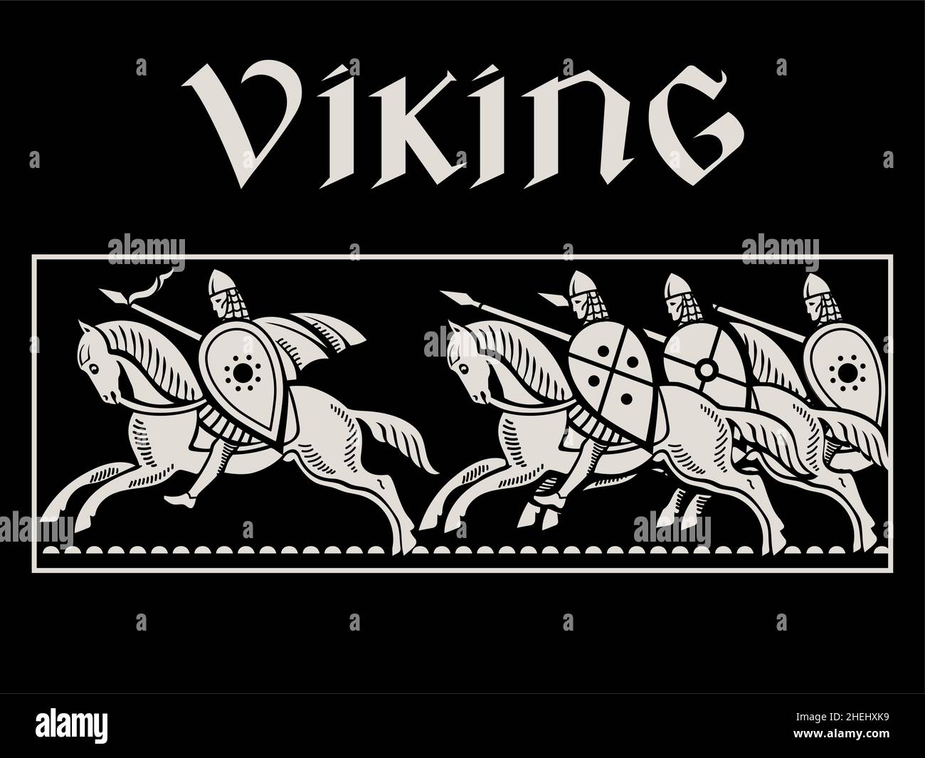 Design in Old Norse style. Viking riders on war horses with spears and ...