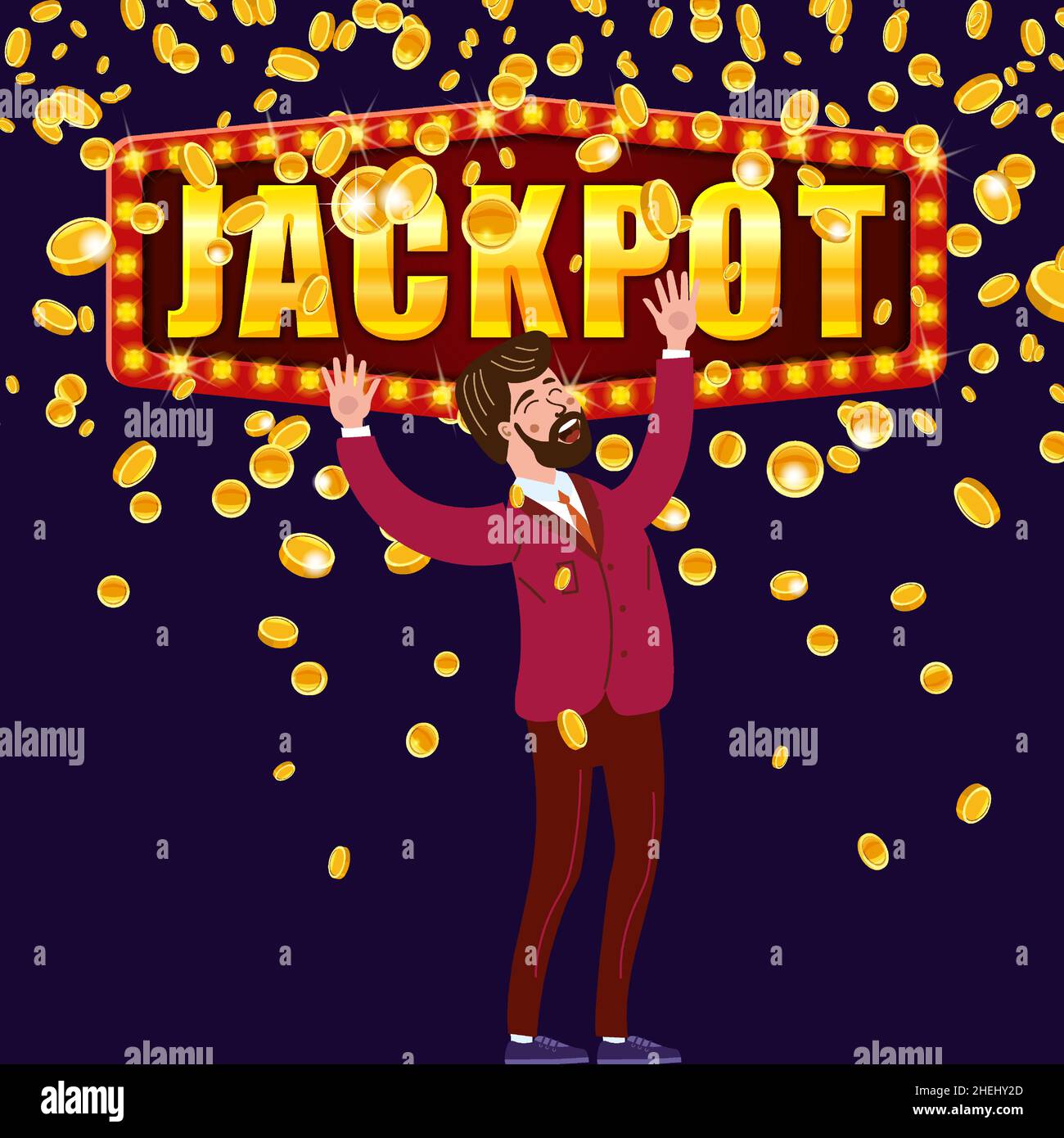 Jackpot banner Happy man falling money gold coins rain. Winner lottery ...