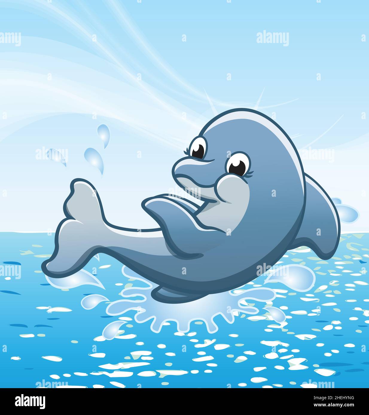 Happy cute smiling cartoon dolphin in the ocean vector illustration ...