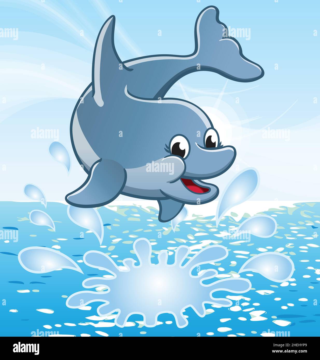Happy cute smiling cartoon jumping breaching dolphin in the ocean ...