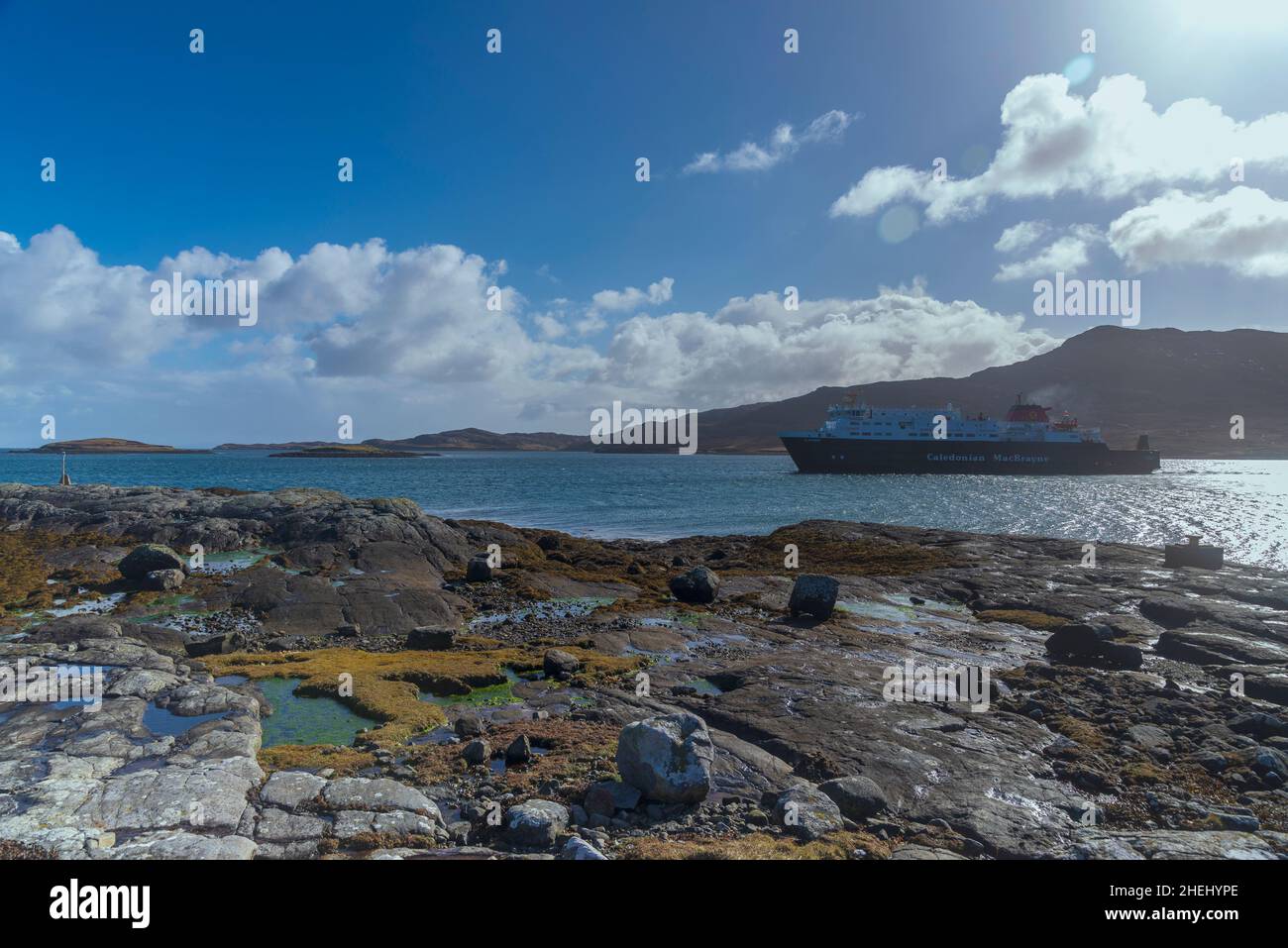 CalMac ferry leaving Lochmaddy Harbour, North Uist, Western Isles ...