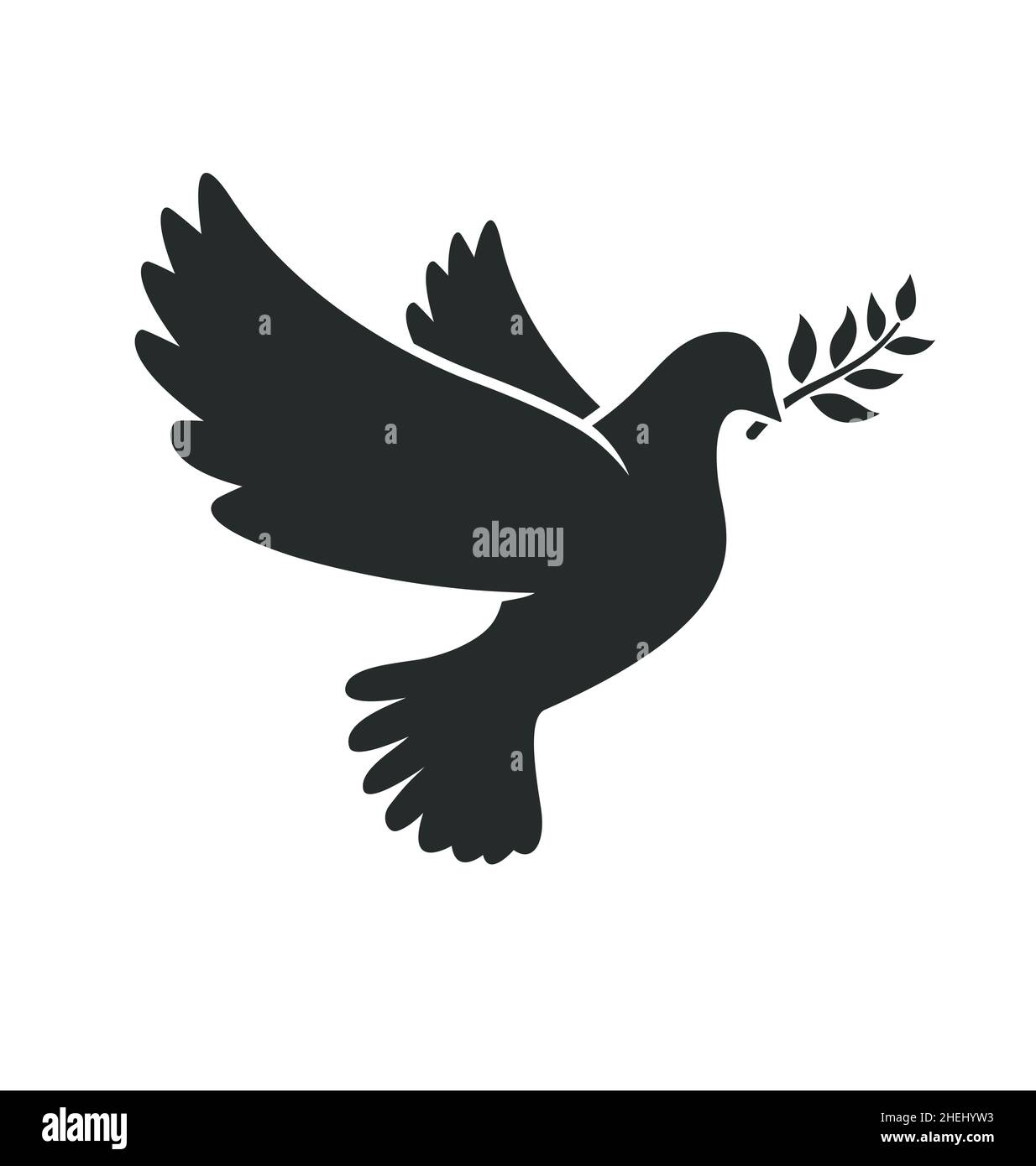 beautiful flying peace dove pigeon bird silhouette with olive branch vector isolated on white ...