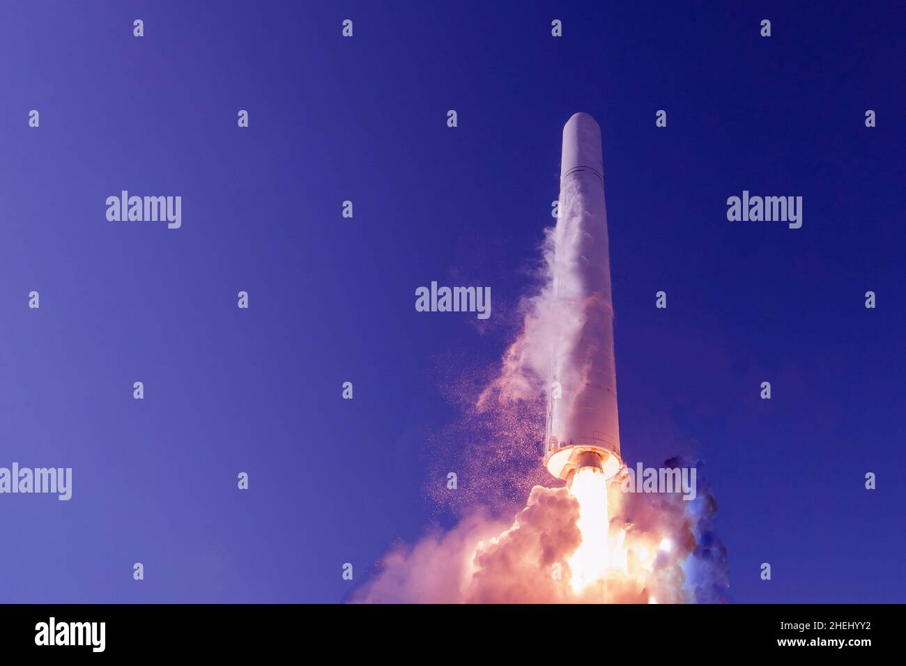 Take off space rocket on a background of blue sky and sun. Elements of ...