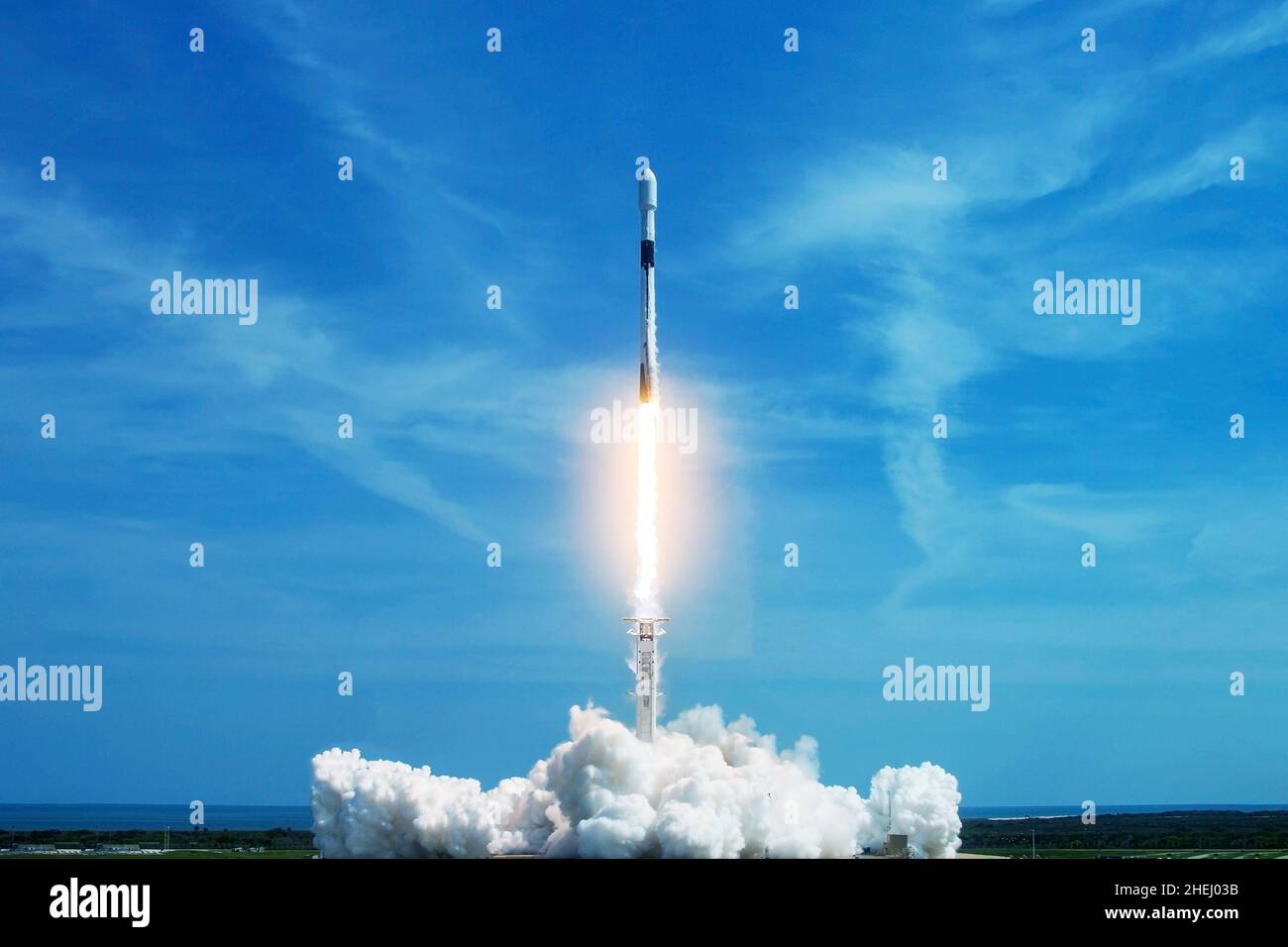 Take off space rocket on a background of blue sky and sun. Elements of ...