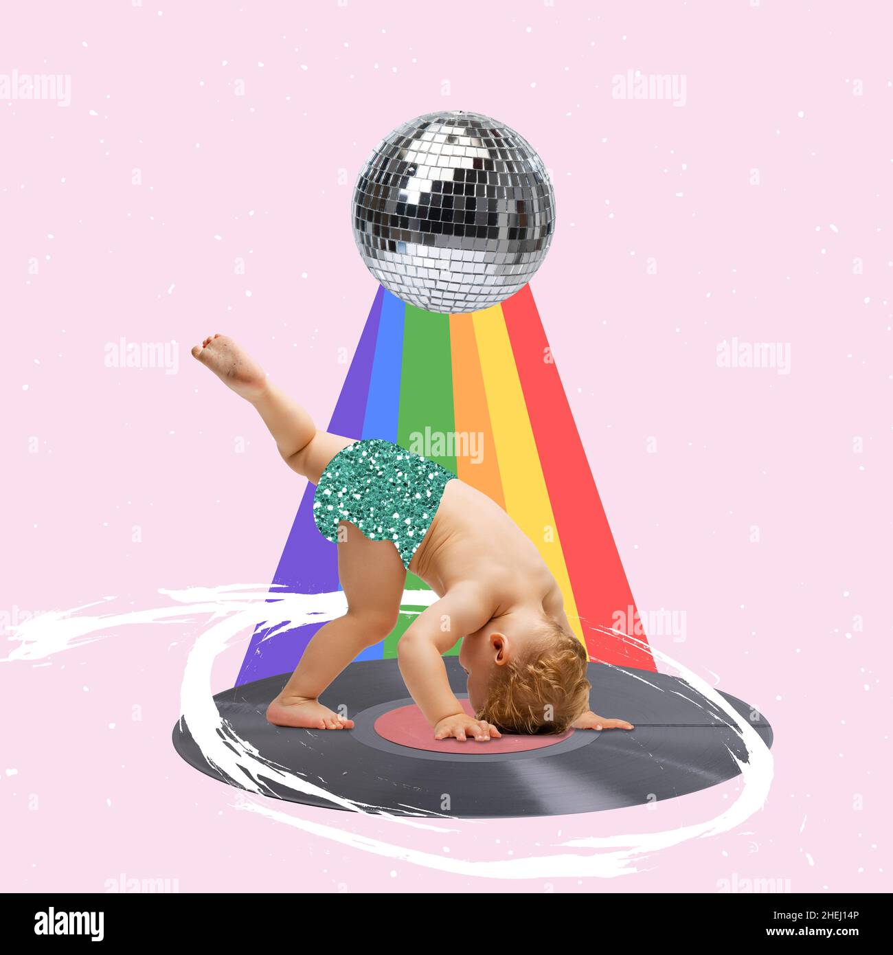 Contemporary art collage of little boy, child dancing under disco ball ...