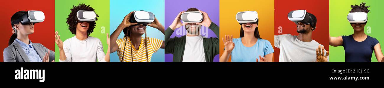 Young diverse people experiencing virtual reality wearing VR glasses ...