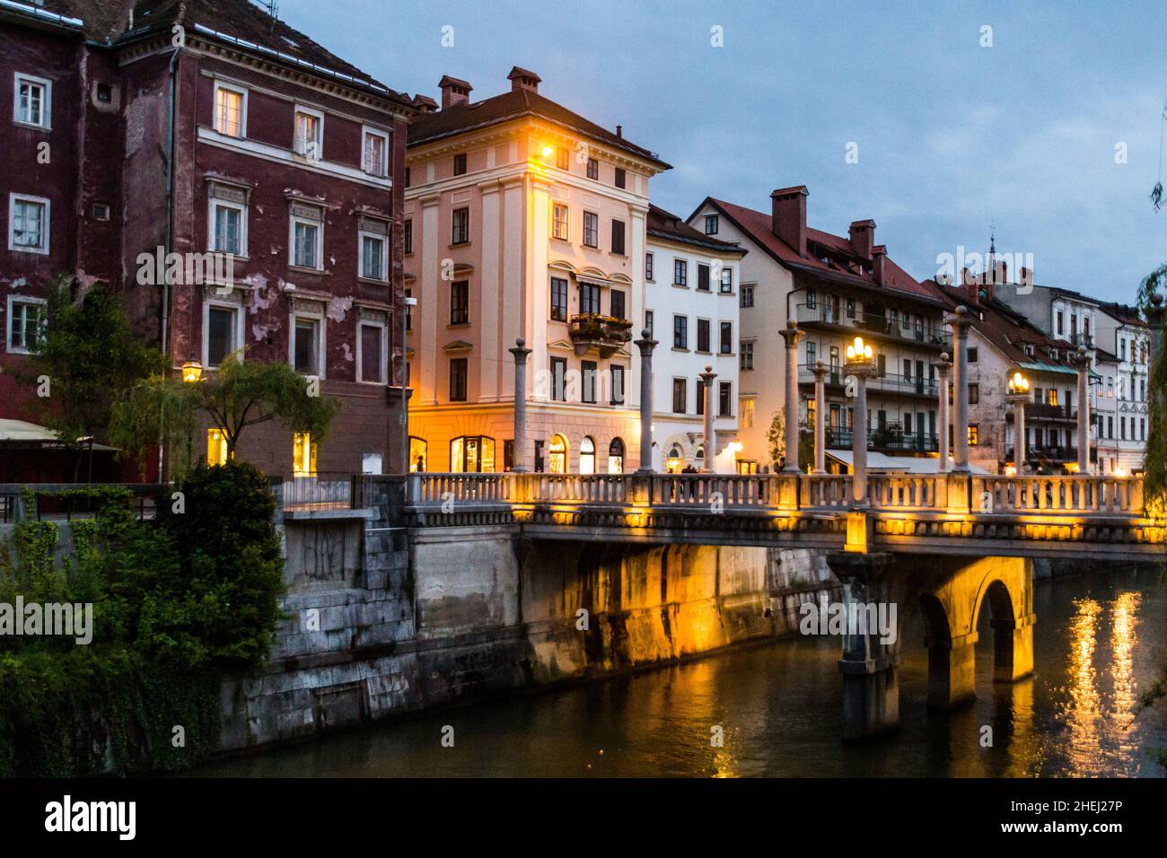 Evening view of the Cobblers bridge in Ljubljana, Slovenia Stock Photo ...