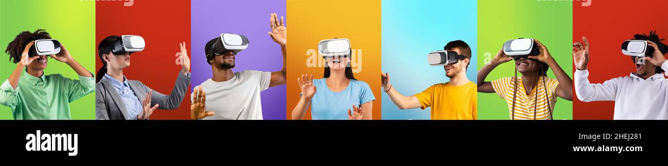 Innovation in real life. Young people wearing VR glasses experiencing ...