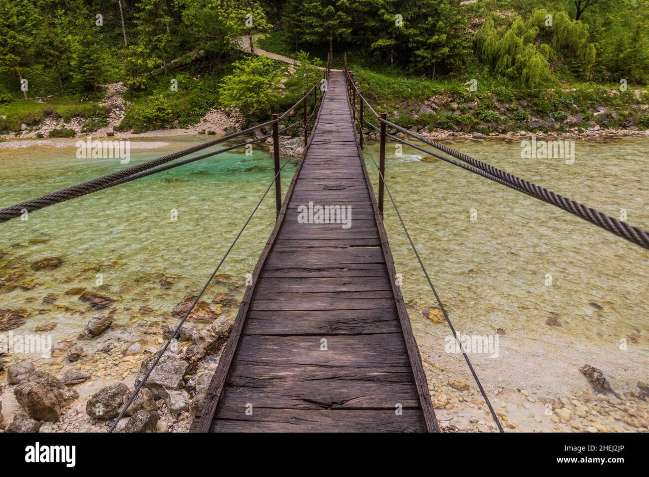 Hanging bridge over Soca river near Bovec village, Slovenia Stock Photo ...