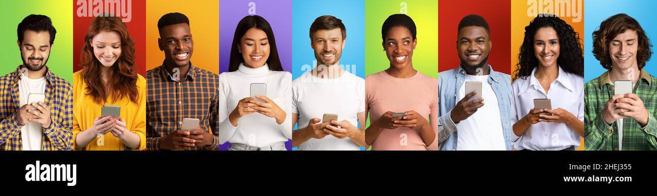 Internet addiction concept. Collage with multiethnic people using ...