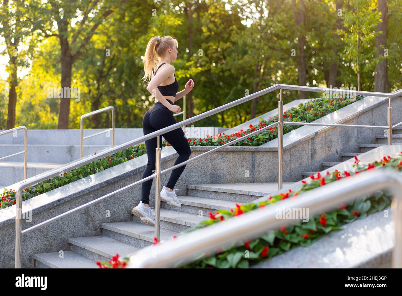 Sport and Fitness. Fit Woman Running up stairs Summer Sunny Morning ...