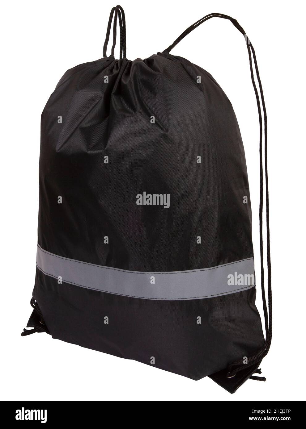 Black nylon drawstring bag with reflective tape for safety, isolated ...