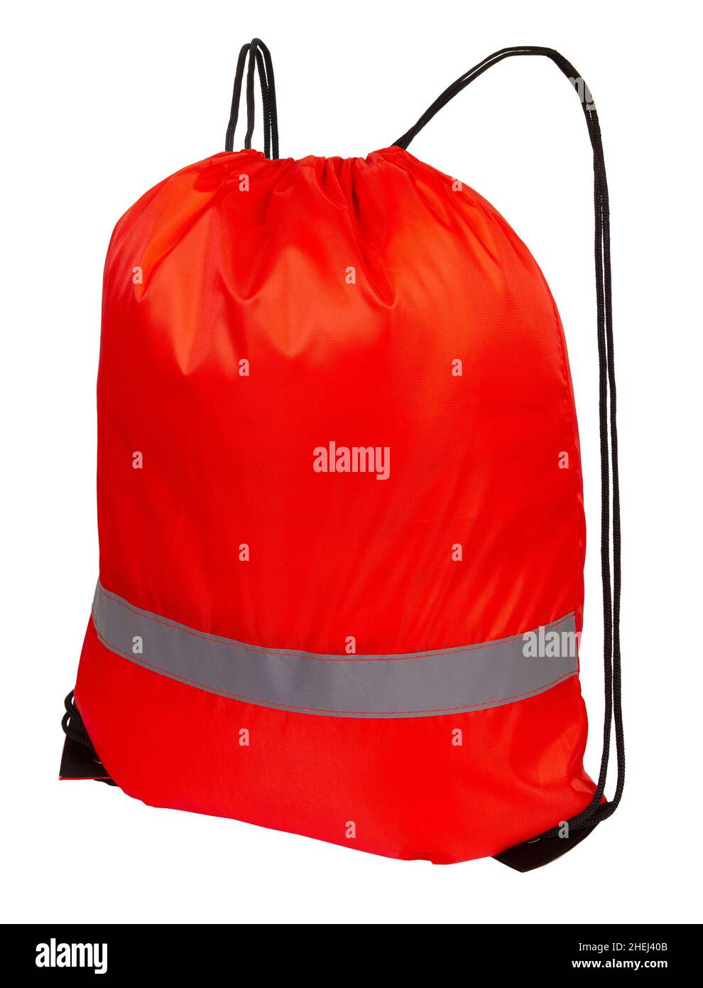 Red nylon drawstring bag with reflective tape for safety, isolated over ...