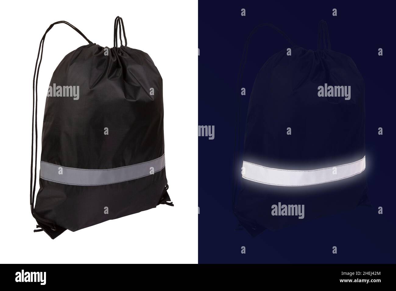 Black nylon drawstring bag with reflective tape for safety Stock Photo ...