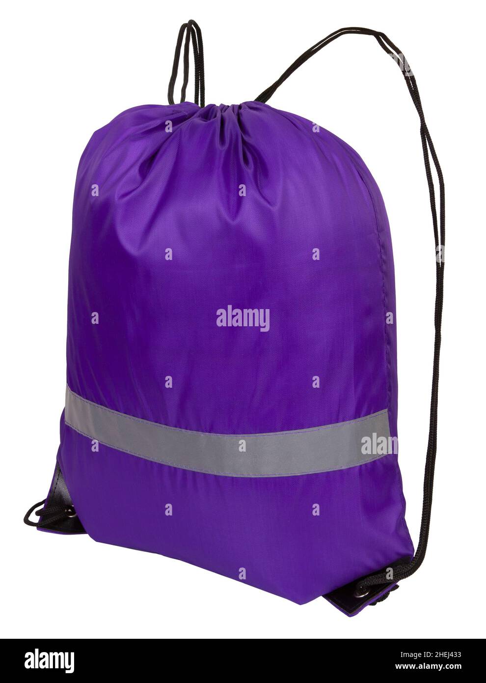 Violet nylon drawstring bag with reflective tape for safety, isolated ...