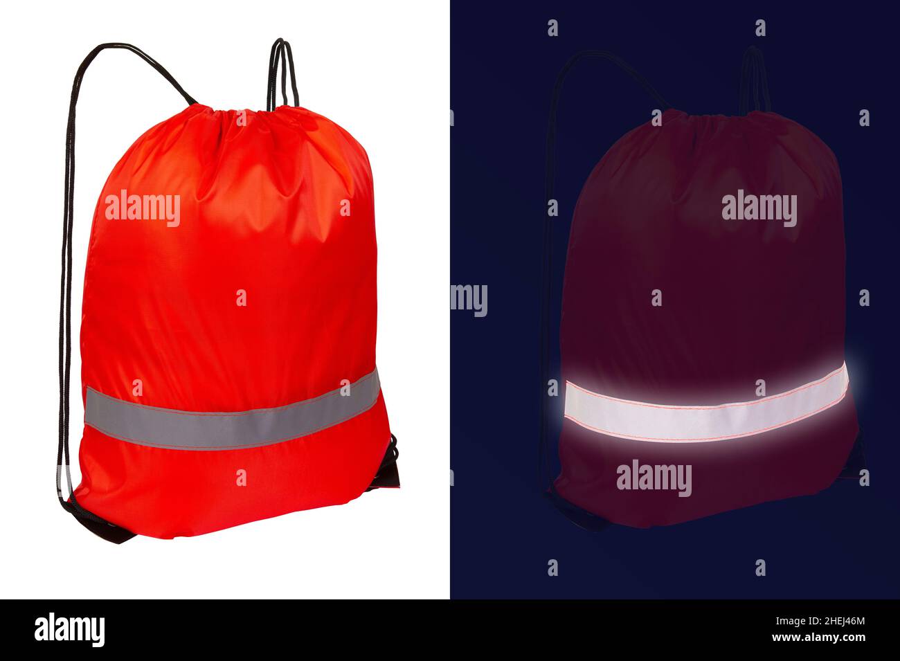 Red nylon drawstring bag with reflective tape for safety Stock Photo ...