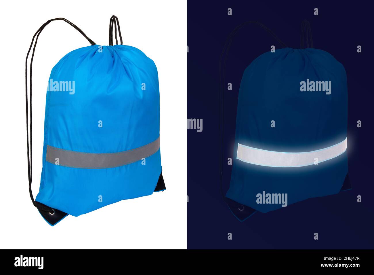 Blue nylon drawstring bag with reflective tape for safety Stock Photo ...