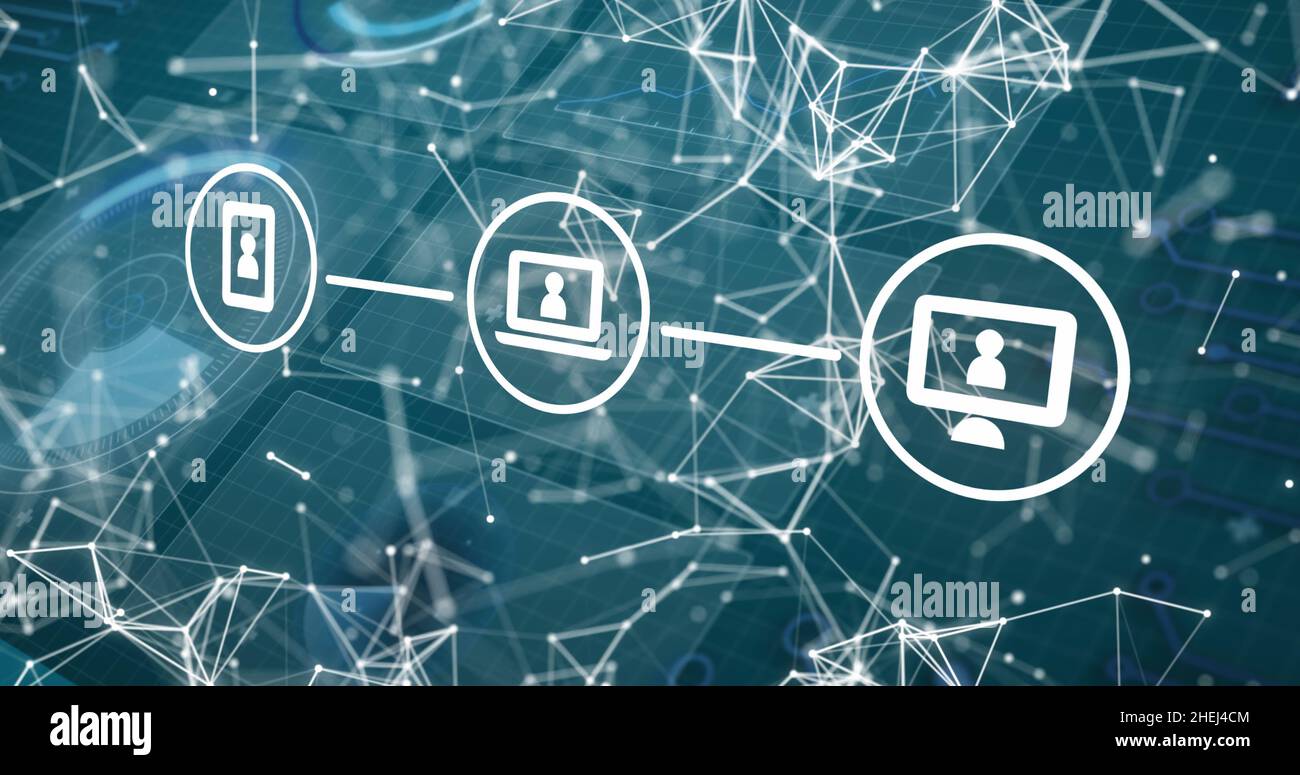 Image of communication device icons over network of connections Stock ...
