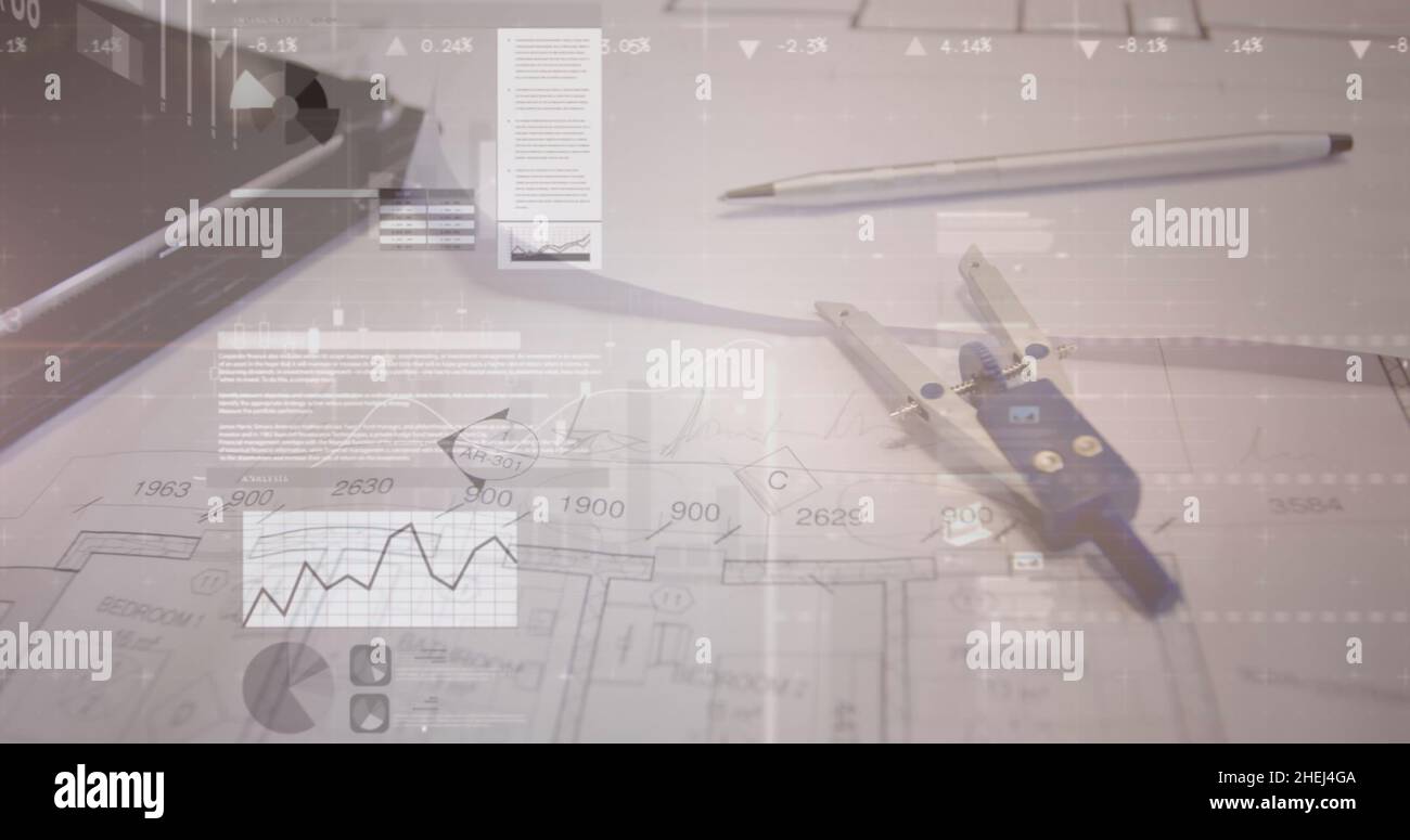 Image of statistics and financial data processing over architects plans ...