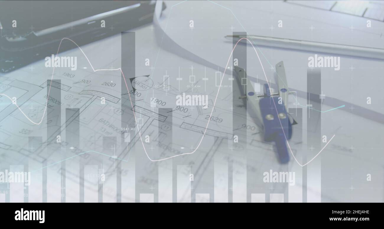 Image of statistics and financial data processing over architects plans ...