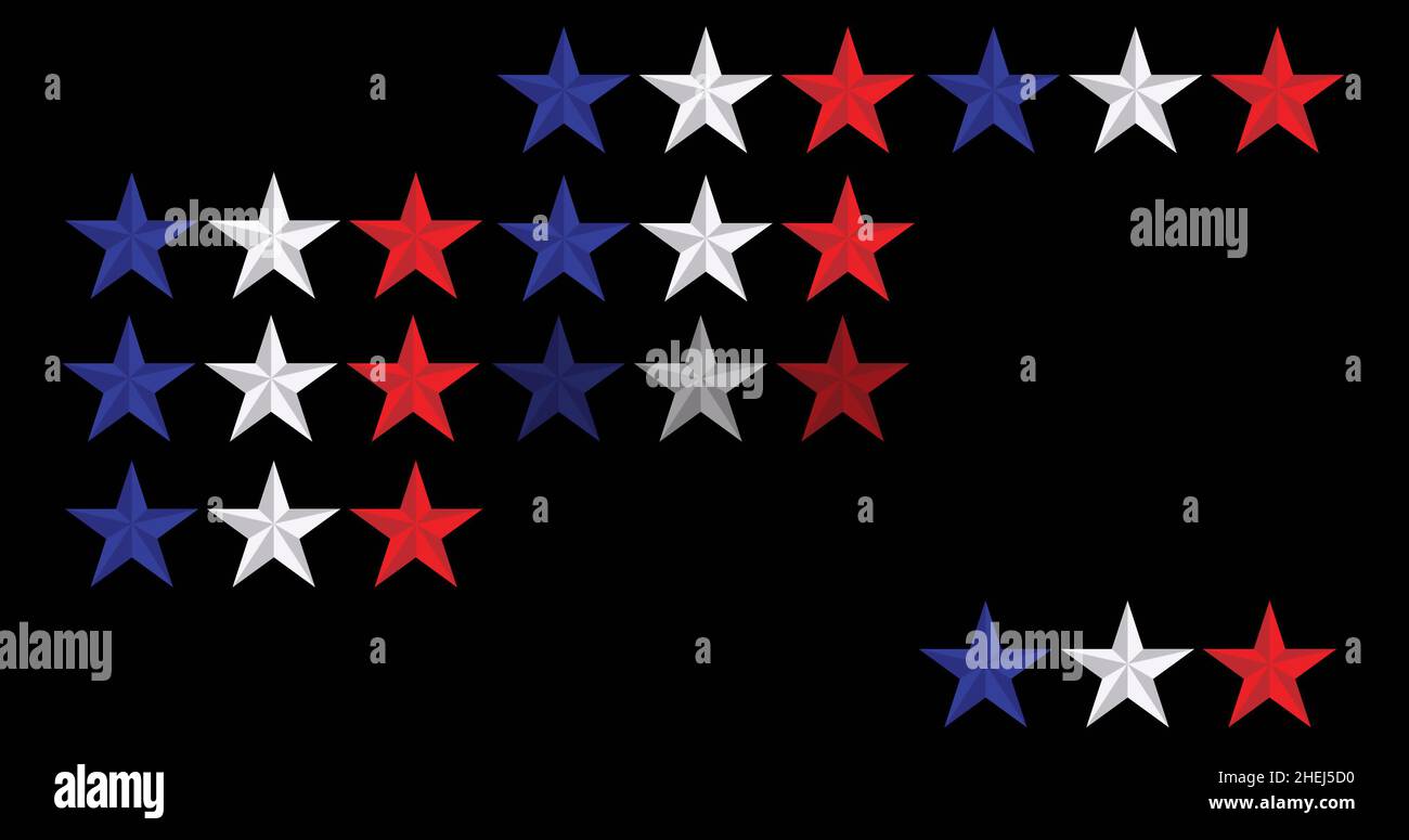Image of white, blue and red stars of american flag in rows on black ...