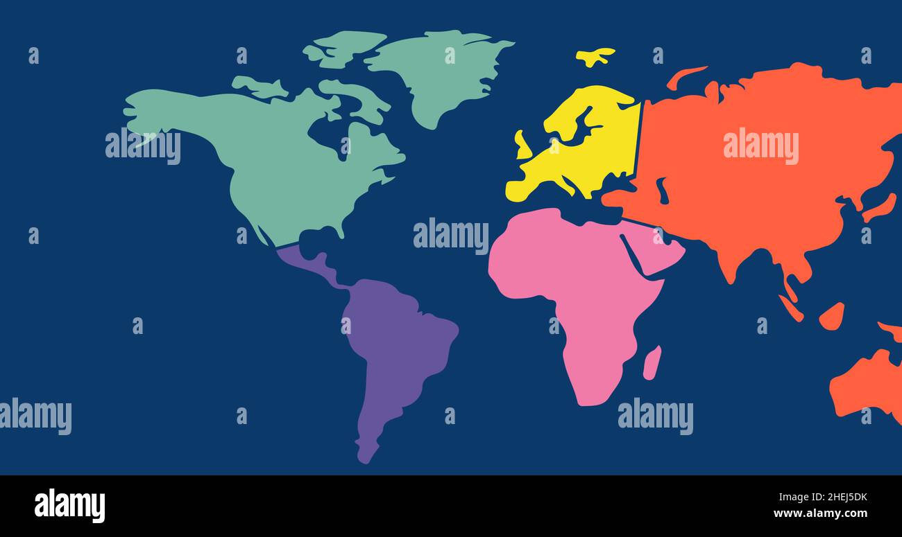 Image of white airplane flying over multi coloured world map on dark ...
