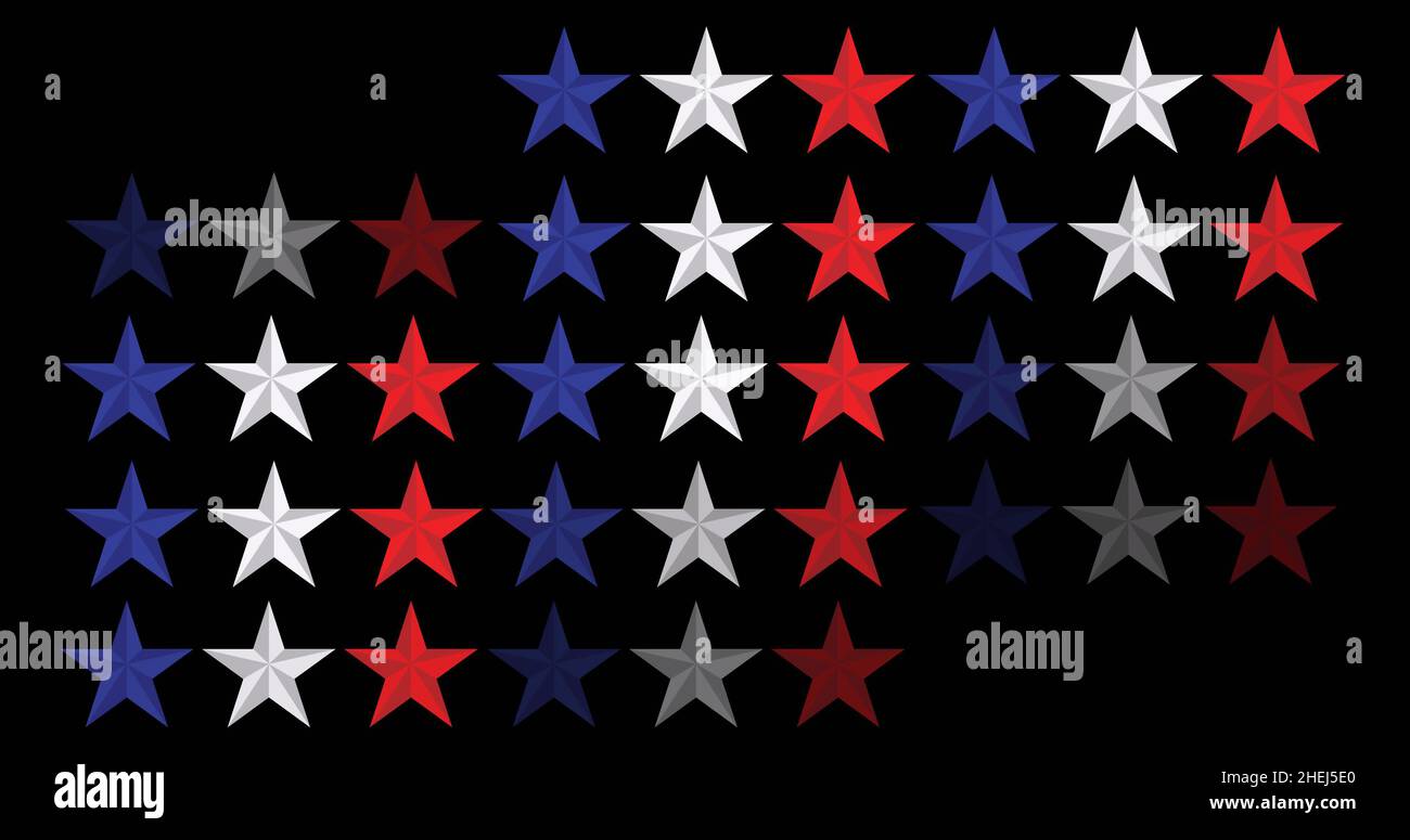 Image of white, blue and red stars of american flag in rows on black ...