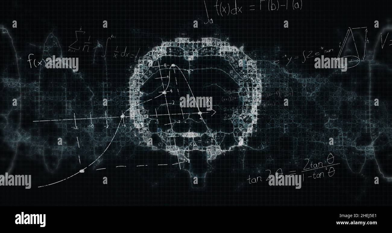 Image of mathematical equations over digital model of human brain on ...