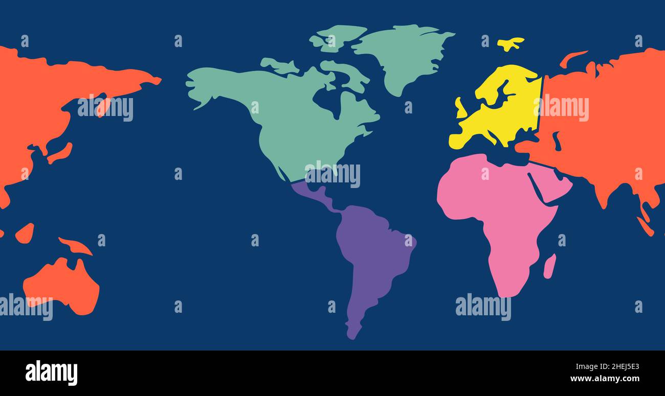 Image of white airplane flying over multi coloured world map on dark ...