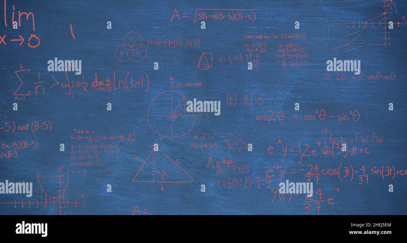 Image of mathematical equations over blue background Stock Photo - Alamy