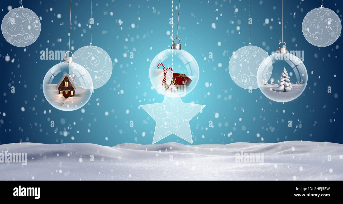 Falling Snow And Xmas Baubles