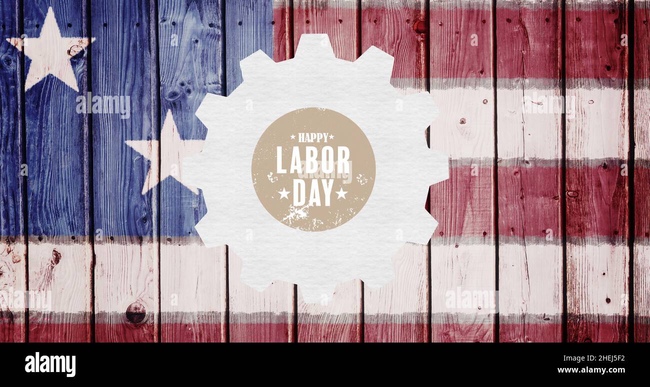 Image of happy labor day text over cog and american flag Stock Photo ...