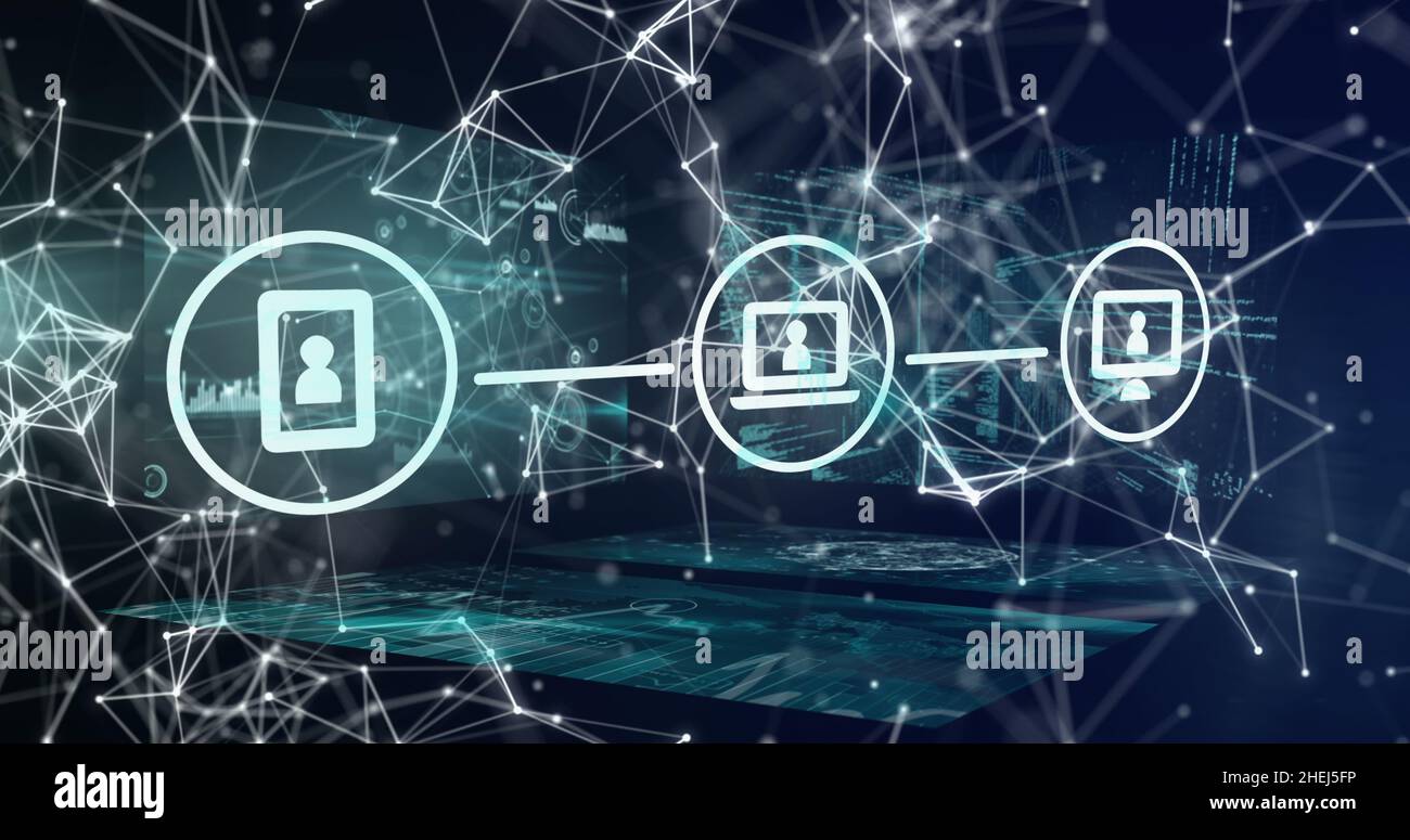 Digital icons over network of connections against screens with data ...