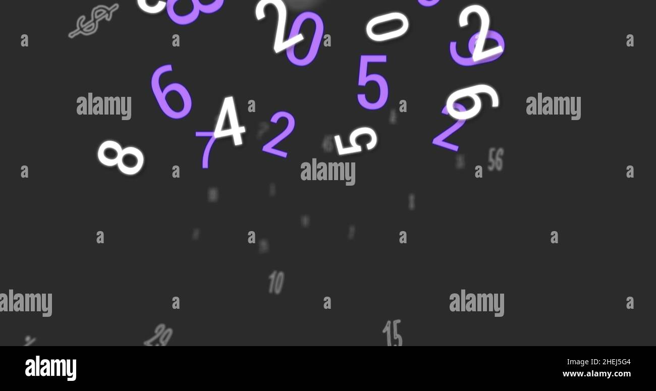 Digital image of multiple changing numbers floating against grey ...