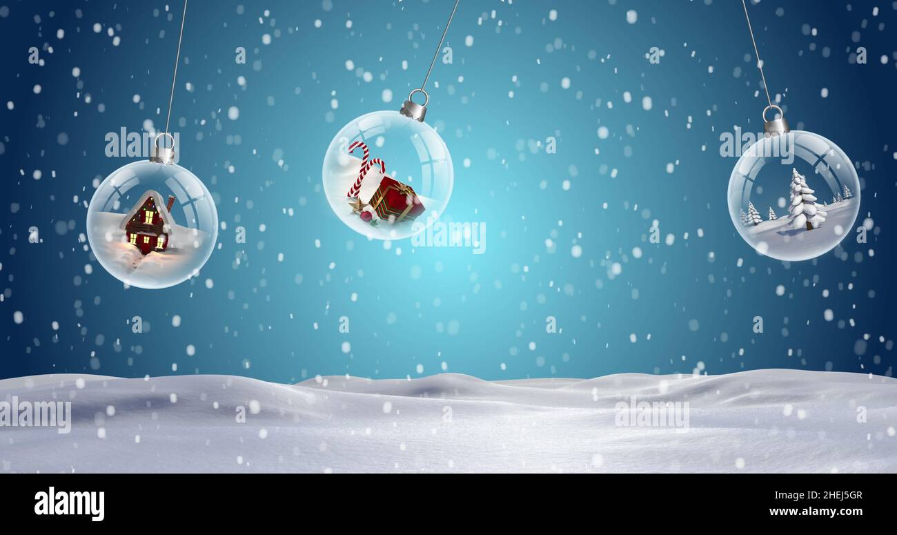Falling Snow And Xmas Baubles