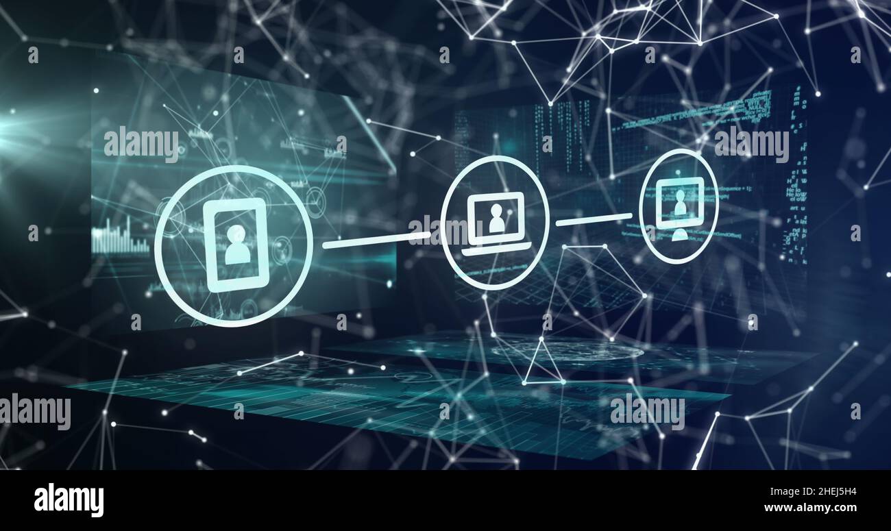 Digital icons over network of connections against screens with data ...