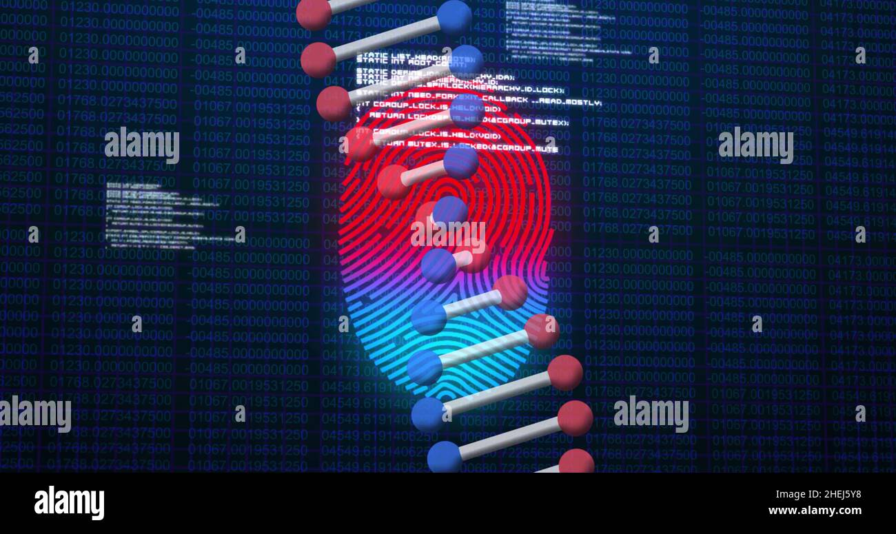 Image of scanning fingerprint, with 3d dna strand and research data ...