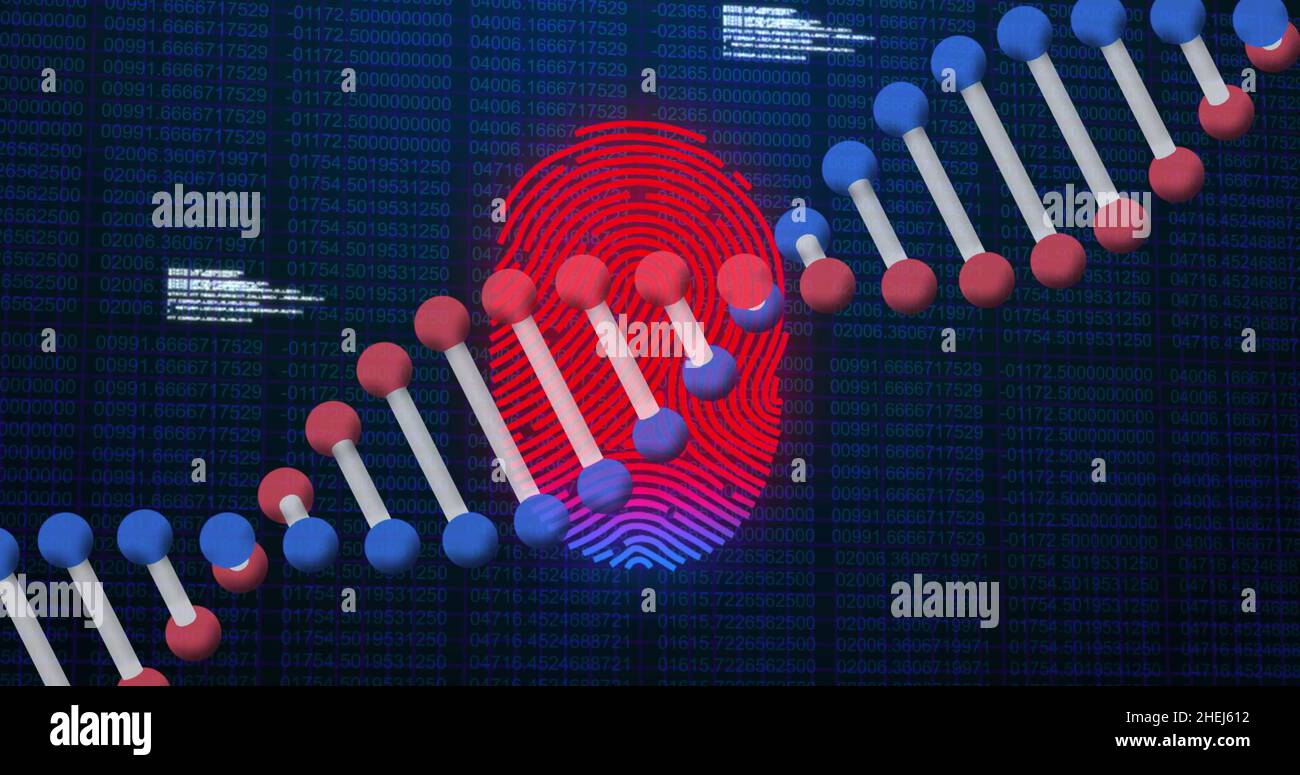 Image of scanning fingerprint, with 3d dna strand and research data ...
