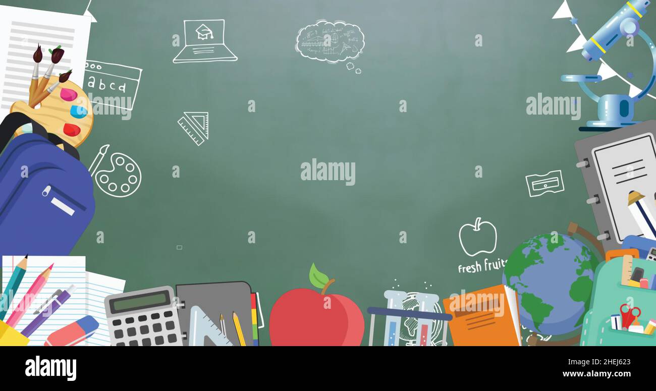 Image of happy substitute day text over school items icons on green ...
